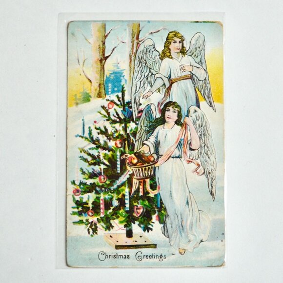 Accents | Antique Early 190s Christmas Postcard Greetings Angels Tree ...